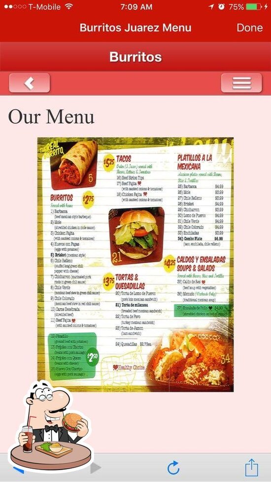 Menu at Burritos Juarez restaurant, El Paso, Dyer St