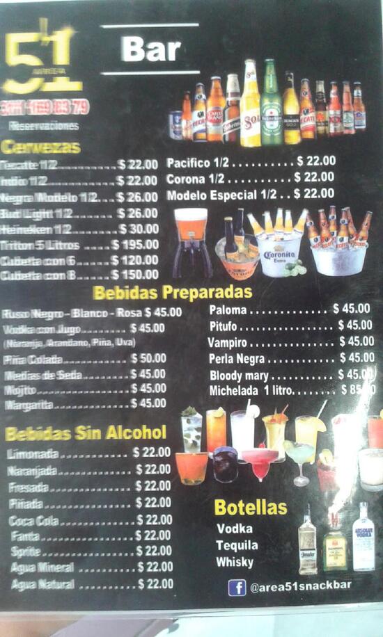 Menu at Area 51 Snackbar, Tepic