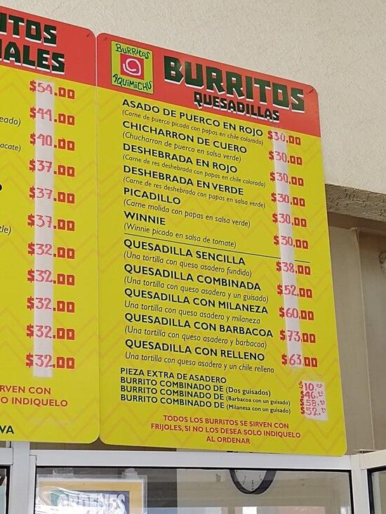 Menu at Burritos Aquimichú restaurant, Ciudad Juarez