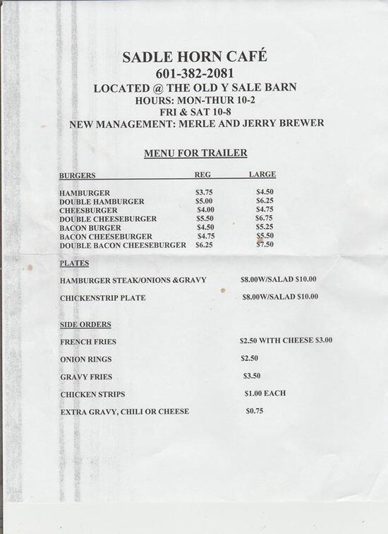 Menu at The Saddle Horn Cafe, Mize