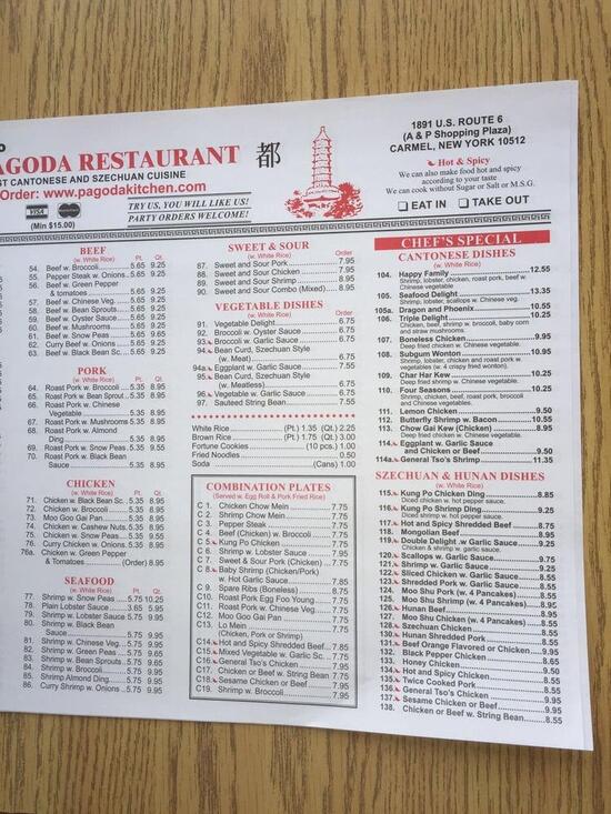 Menu at New Pagoda Kitchen Inc restaurant, Carmel Hamlet
