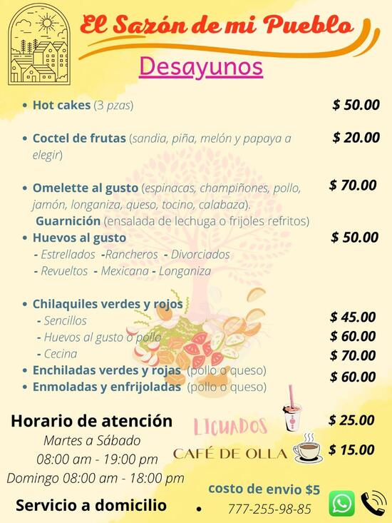 Menu at El sazón de mi pueblo restaurant, Emiliano Zapata
