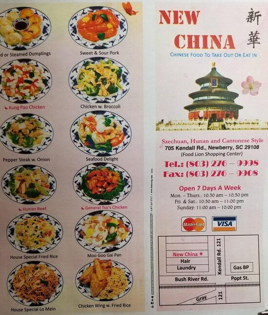 Menu at New China restaurant, Newberry