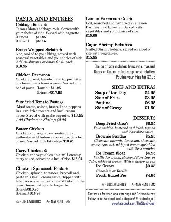 Menu at The Stubby Goat pizzeria, Chatham-Kent