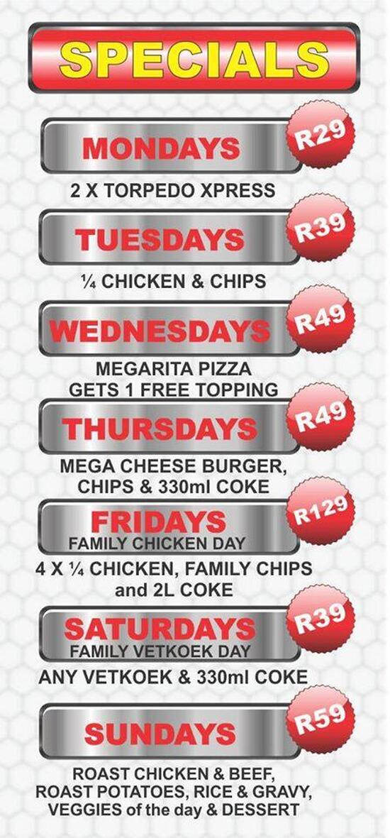 Menu at Mega Food Court Silverton restaurant, Pretoria