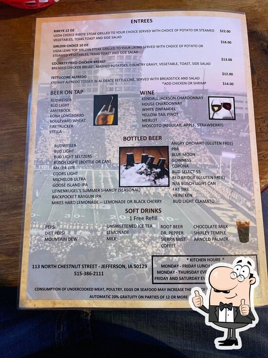 Menu at Doc's Stadium steakhouse, Jefferson