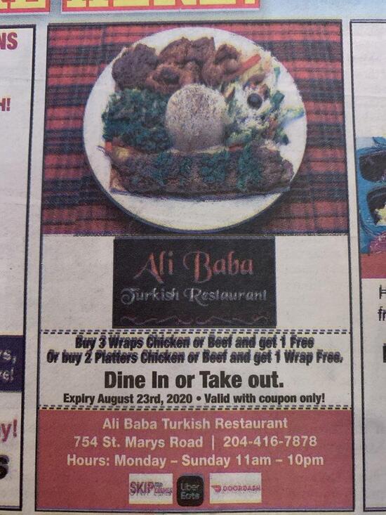 Menu at Alibaba Turkish Restaurant, Winnipeg