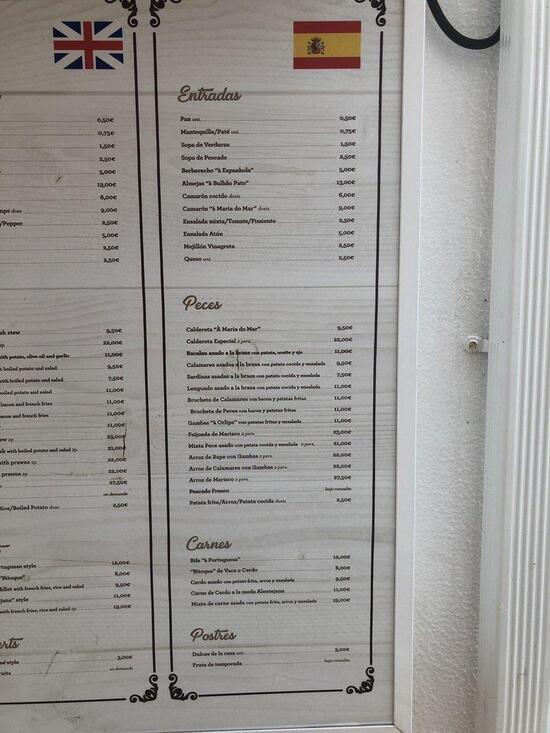 Menu at Maria do Mar pub & bar, Nazaré