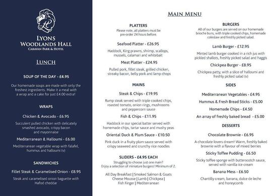 Menu at Lyons Woodlands Hall Hotel & Caravan Park restaurant, Rhewl