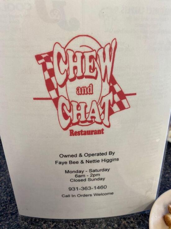 Menu at Chew & Chat cafe, Pulaski
