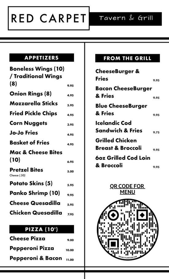 Menu at Red Carpet Tavern pub & bar, Dayton