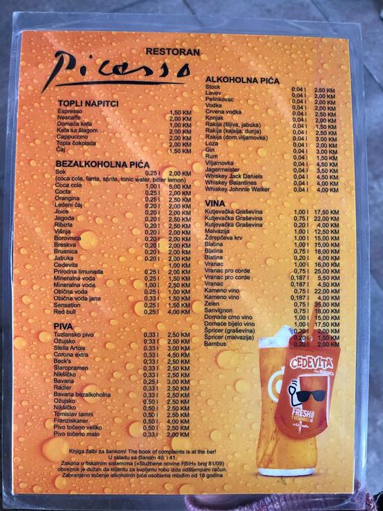 Menu at Restoran Picasso Ljepunice restaurant, Milešići