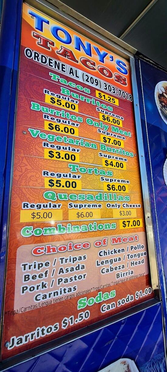 Menu at Tony's Tacos restaurant, Salida