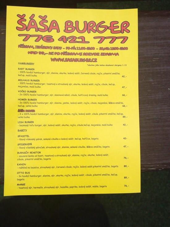 Menu at Šáša Burger fast food, Příbram