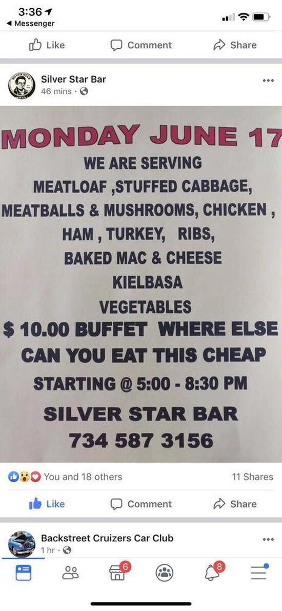 Menu at Silver star bar, Maybee