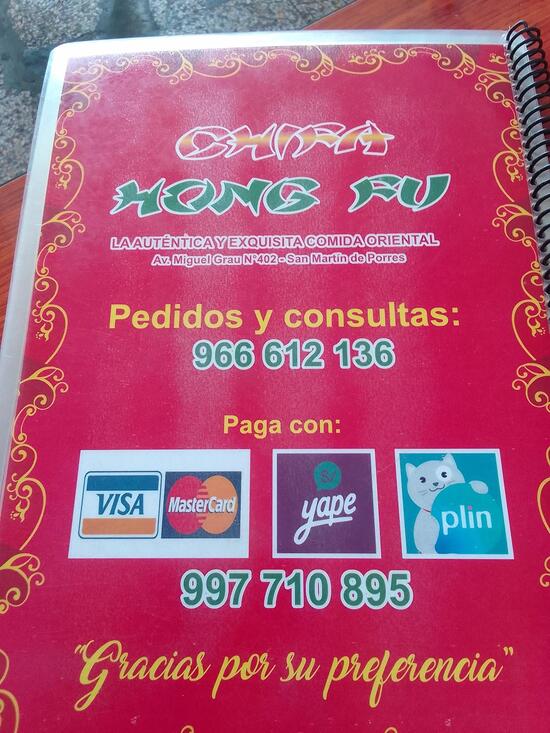 Menu at Chifa Hong Fu restaurant, San Martín de Porres