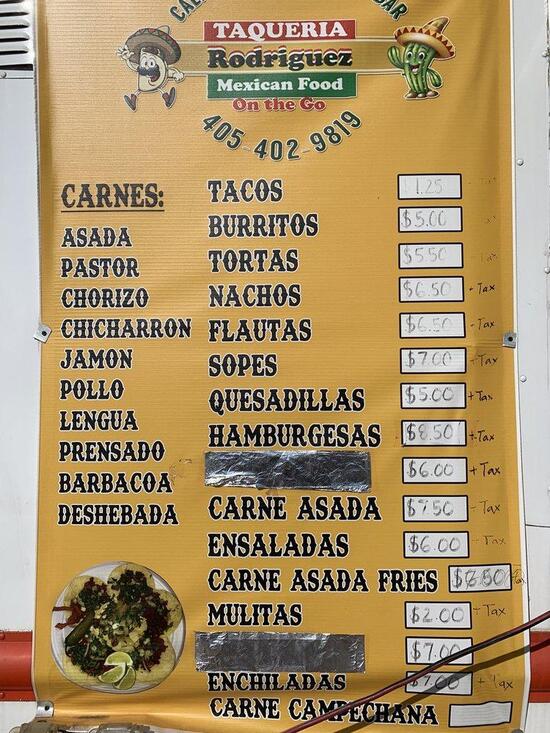 Menu at Taqueria Rodriguez restaurant, Oklahoma City