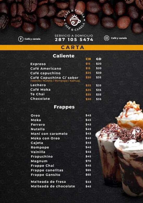 Menu at Café y Canela Tuxtepec, San Juan Bautista Tuxtepec