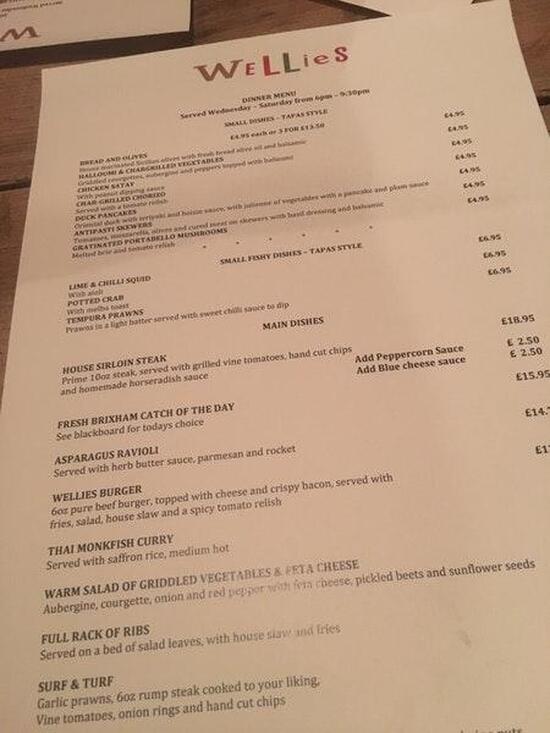 Menu at Wellies restaurant, Torquay