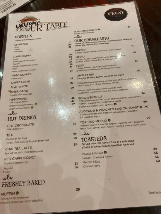 Carta del restaurante Fego Caffe, Tongaat, King Shaka Internatinal Airport