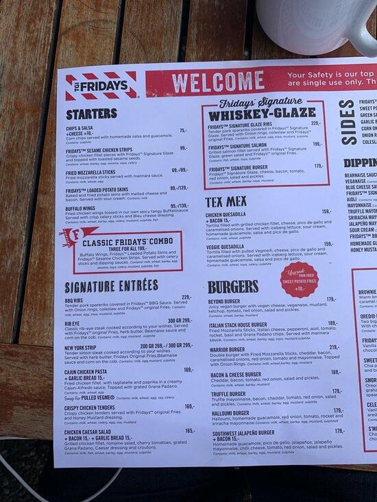 Menu at T.G.I. Friday's pub & bar, Stockholm, Hamngatan 19