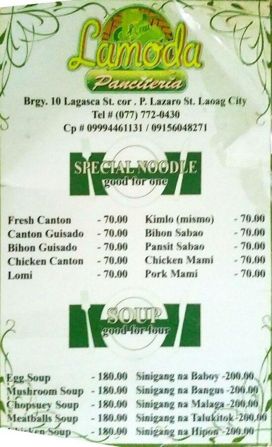 Menu at La Moda Panciteria restaurant, Laoag City, 5HXV+2G8