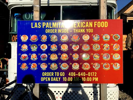 Menu at Las Palmitas fast food, West Yellowstone, 21 N Canyon St