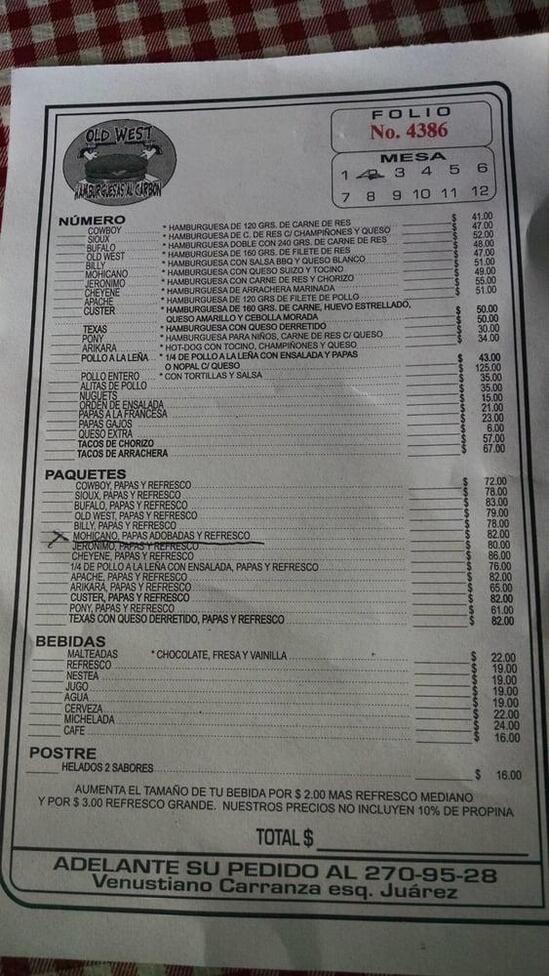 Menu at Old West restaurant, Toluca, Calle Gral. Venustiano Carranza 20 ...