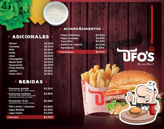 Carta del restaurante Ufo's Roast Beef, Neiva