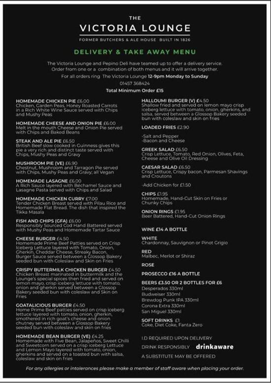Menu at The Victoria Lounge pub & bar, Glossop