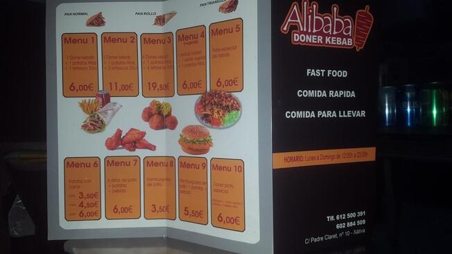 Menu at Ali Baba Döner Kebab restaurant, Xàtiva