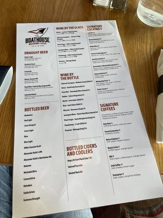 Menu at Boathouse Lakeside Grill restaurant, Kenora