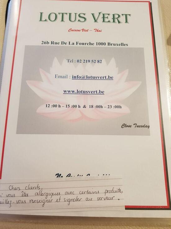 Menu at Lotus Vert, Brussels