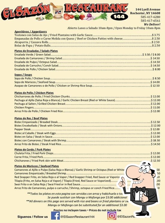 Menu at El Sazón Restaurant, Rochester, 144 Lyell Ave