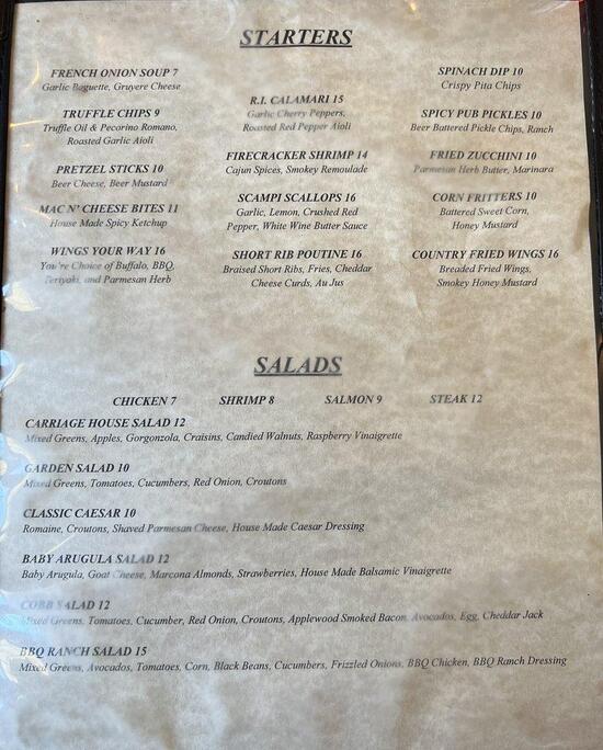 Menu at Carriage House Restaurant & Tavern, Patterson