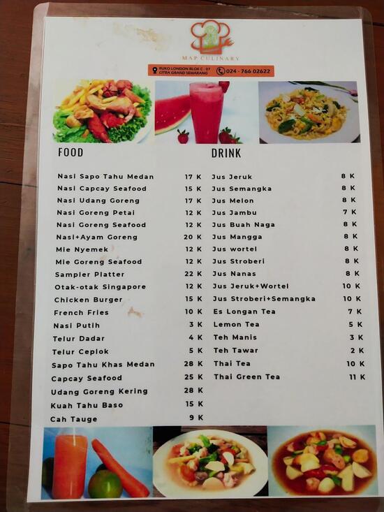 Menu at MAP CULINARY restaurant, Semarang