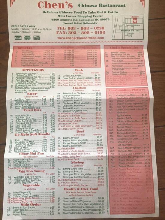 Menu at Chen's Chinese Restaurant, Lexington, Augusta Rd
