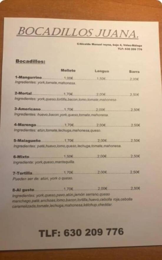 Menu at La Juana, Vélez-Málaga