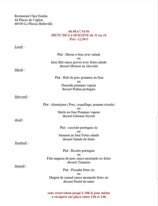 Menu at Chez Emilia restaurant, Le Plessis-Belleville