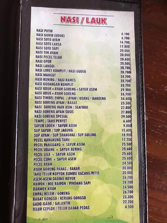 Menu at Rumah Makan Indah Sari restaurant, Semarang, Jl. MT. Haryono No ...