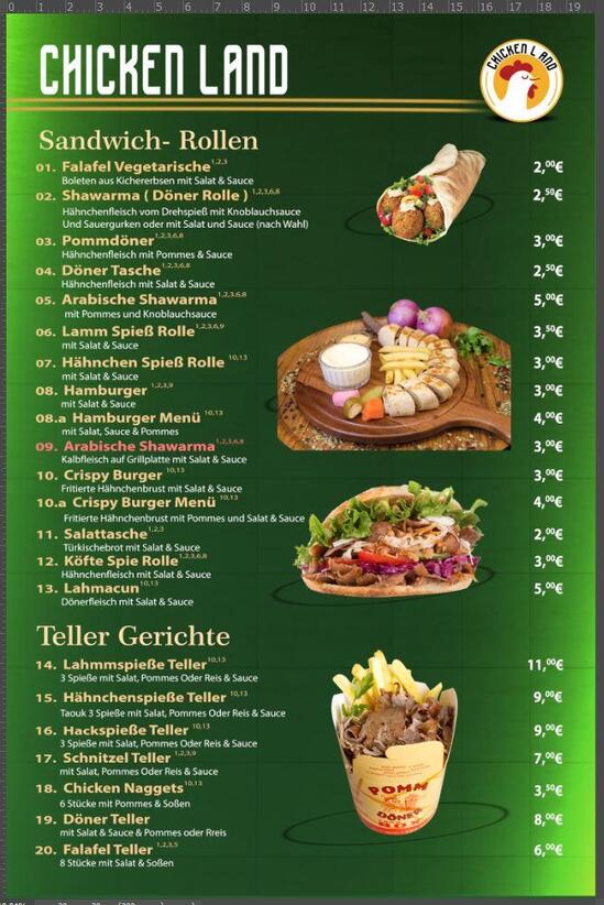 Menu at Chicken land restaurant, Essen