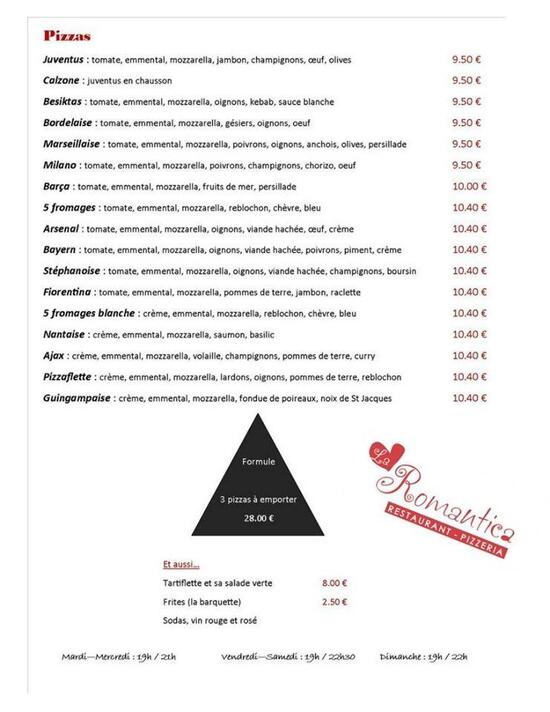 Carta de pizzería La Romantica, Saint-Laurent-des-Autels