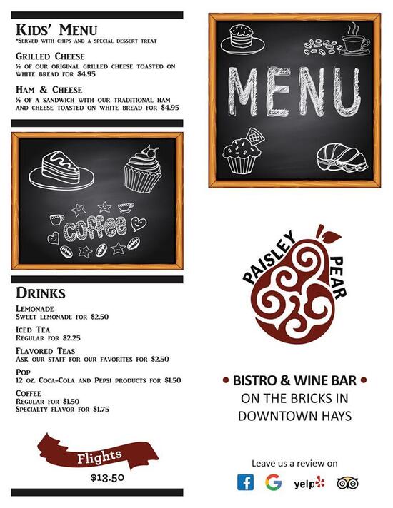 Menu at Paisley Pear Wine Bar, Bistro and Market, Hays
