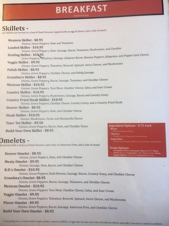 Menu at R.D.'s Diner restaurant, Stevens Point