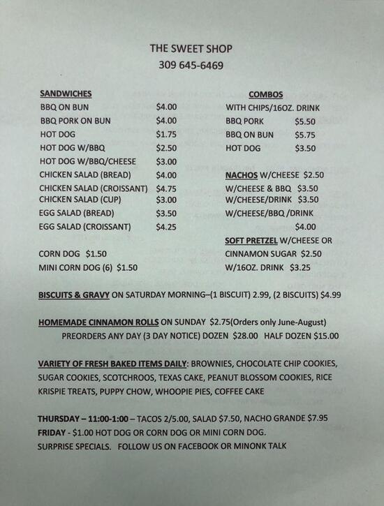 Menu at The Sweet Shop restaurant, Minonk