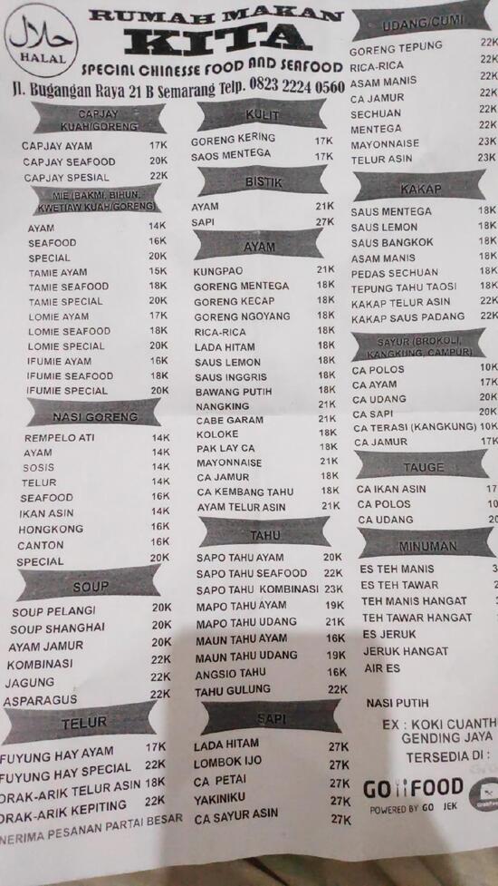 Menu at RM Kita restaurant, Semarang