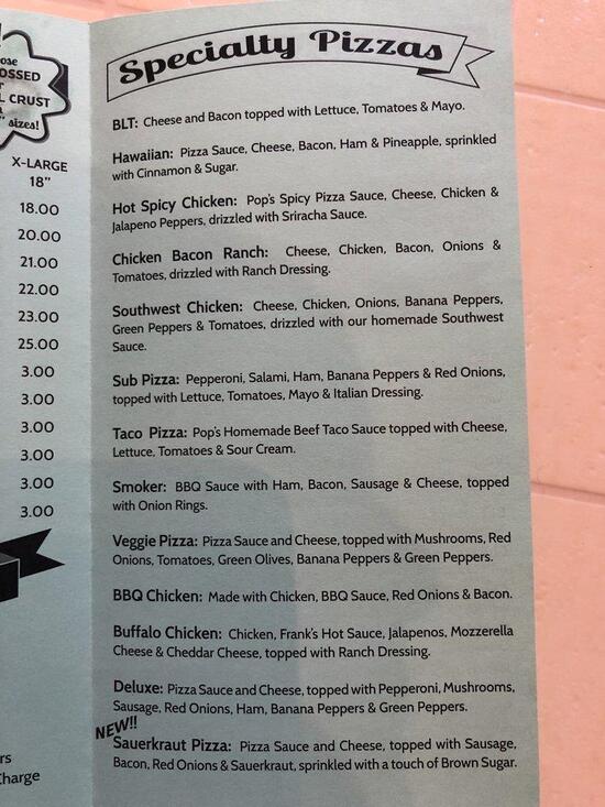 Menu at Pop's Pizza Parlor pizzeria, East Liberty