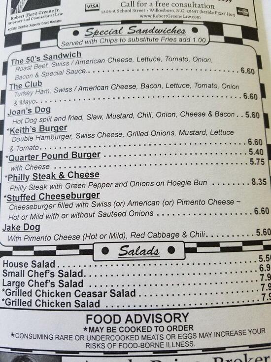 Menu at 50'S Snack Bar, Wilkesboro
