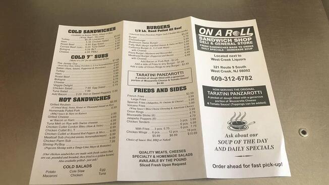Menu at On A Roll, Stafford Township