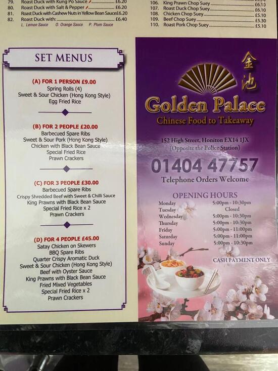 Menu at Golden Palace fast food, Honiton